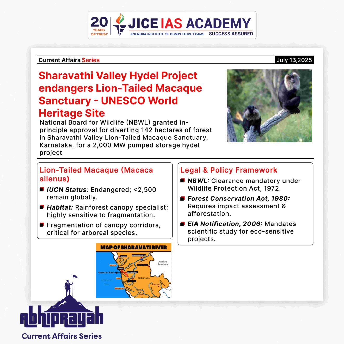 Sharavathi Valley Hydel Project endangers Lion-Tailed Macaque Sanctuary ...